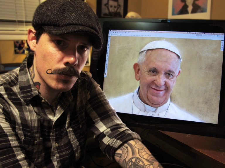 Artist Seiler displays his digital illustration of Pope Francis created ...
